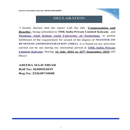 MBA Internship project on TDK india private limited (submitted by Aritra Majumder) | PDF