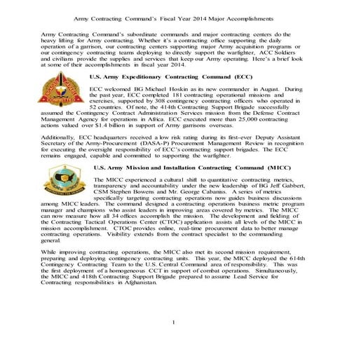 Army Contracting Command’s FY14 Major Accomplishments | DOCX