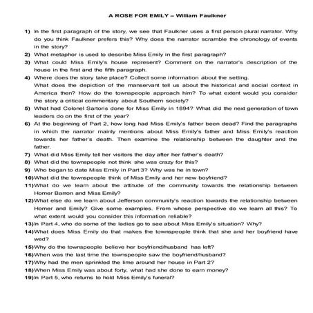 A rose for Emily - William Faulkner (Questions with answers) | DOCX