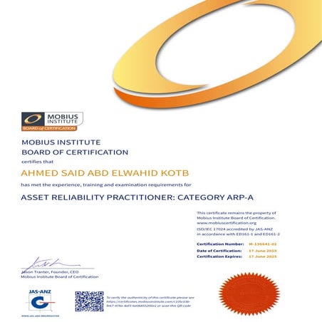 Asset Reliability Practitioner ARP CAT-A Certification renewal - Ahmed Said Kotb | PDF