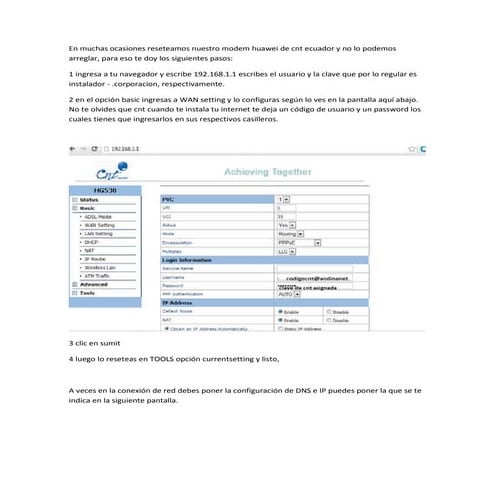 Configurar o Arreglar modem huawei cnt | DOCX