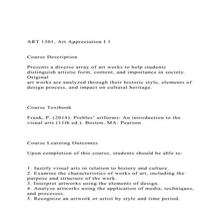 ART 1301, Art Appreciation I 1 Course Description P.docx