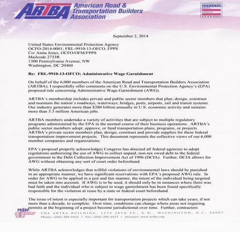 ARTBA Comments Re: FRL-9910-13-OFCO; Adminstrative Wage Garnishment | PDF
