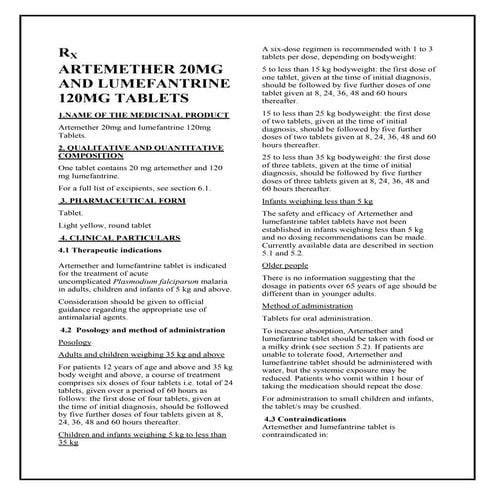 Artemether 20mg and lumefantrine 120mg tablets smpc taj pharmaceuticals ...