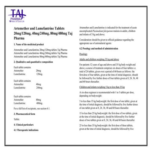 Artemether and lumefantrine Tablets Taj Pharma SmPC | PDF