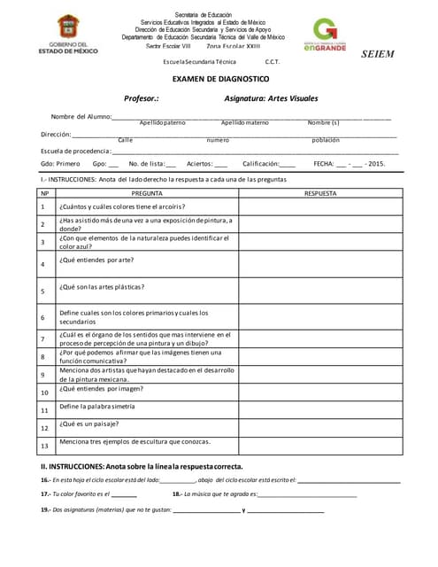 EXAMEN DIAGNOSTICO DE ARTES VISUALES I | PDF