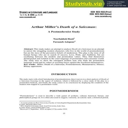 Arthur Miller S Death Of A Salesman A Postmodernist Study | PDF