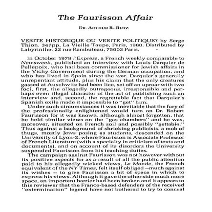 Arthur r. butz the faurisson affair - journal of historical review volume 1 no. 4 | PDF ...
