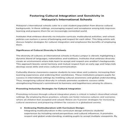Fostering Cultural Integration and Sensitivity in Malaysia's ...
