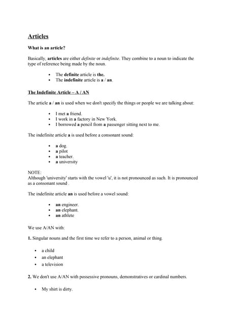 Definite and indefinite articles | PPT