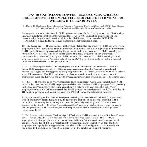 DAVID NACHMAN’S TOP TEN REASONS WHY WILLING PROSPECTIVE H-1B EMPLOYERS ...