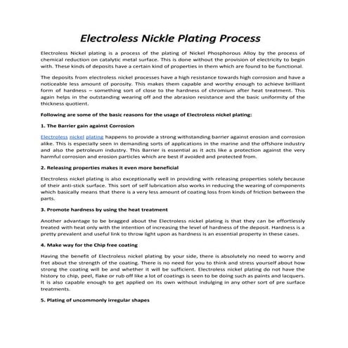 Electroless Nickle Plating Process | PDF