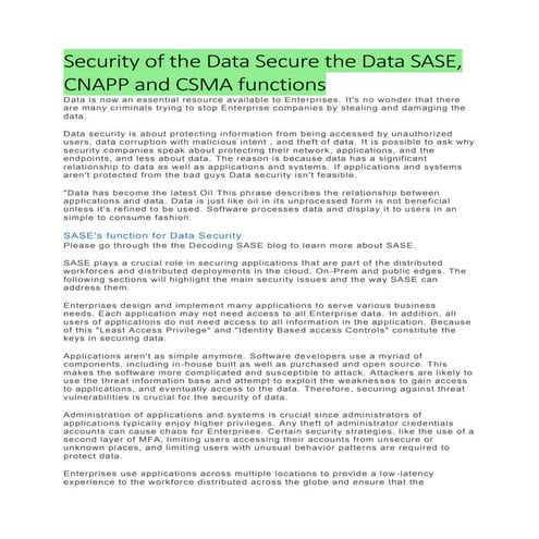 Security of the Data Secure the Data SASE, CNAPP and CSMA functions | PDF