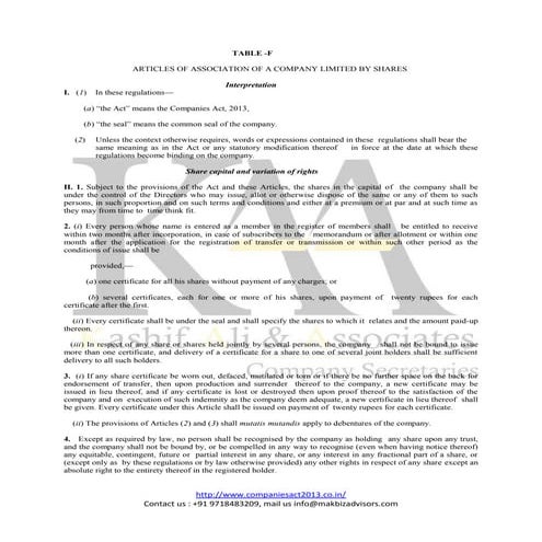 Format of AOA (Article of Association) as per New Companies Act 2013 | DOCX