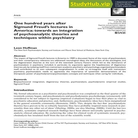 Article One Hundred Years After Sigmund Freud S Lectures In America ...