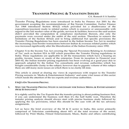 Article on Transfer Pricing Issues in Media & Entertainment published ...