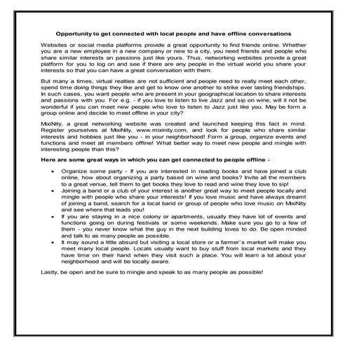 Opportunity to get connected with offline conversation with local ...