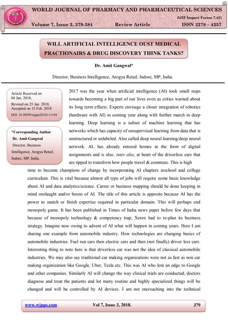 Artificial intelligence in Pharmaceutical Industry | PPTX