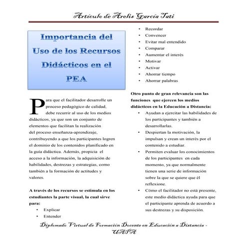 Importancia del uso de los Recursos Didácticos en el PEA, Arelis García ...