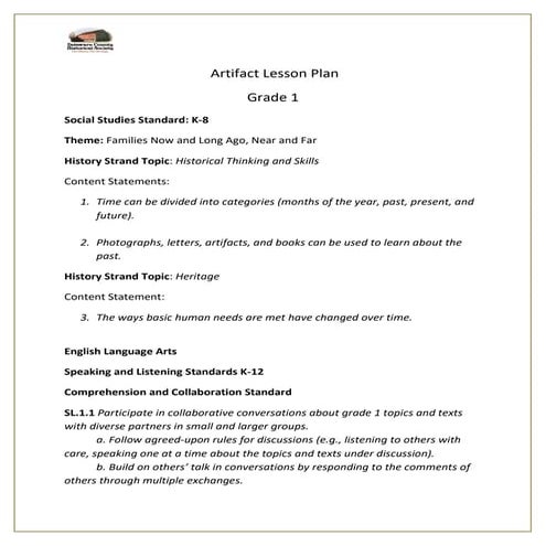 Artifact lesson plan gr. 1a | PDF