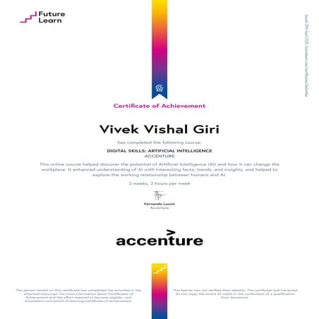 Artificial Intelligence Certificate | Future Learn | Accenture | PDF