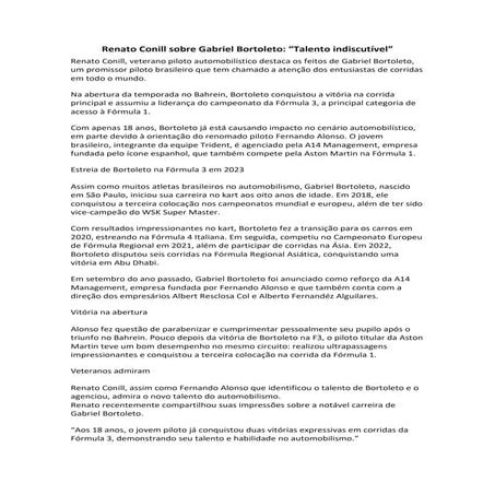 Renato Conill comenta sobre Gabriel Bortoleto | PDF