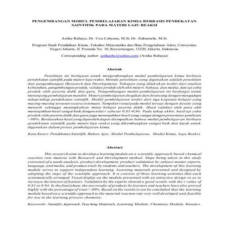 PENGEMBANGAN MODUL PEMBELAJARAN KIMIA BERBASIS PENDEKATAN SAINTIFIK PADA MATERI LAJU REAKSI | PDF