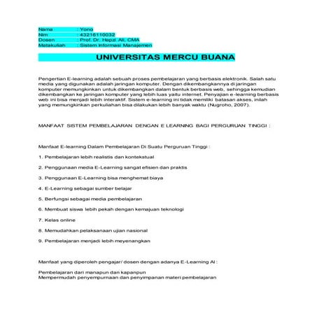 SIM 14, YONO, PROF. Dr. HAPZI ALI CMA, Pengenalan E-Learning, UNIVERSITAS MERCU BUANA 2017 | DOCX