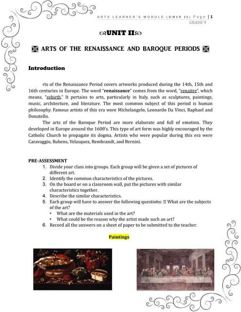 Renaissance and Baroque Arts Pre-Assessment Activity | PPTX