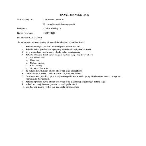 Soal semester system kemudi dan system suspense | DOCX