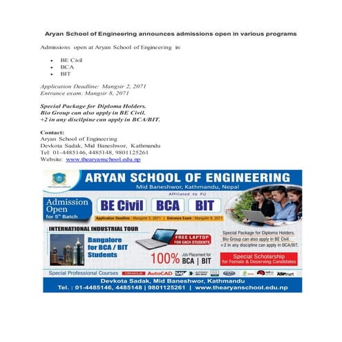 Aryan School of Engineering announces admissions open in various programs | PDF