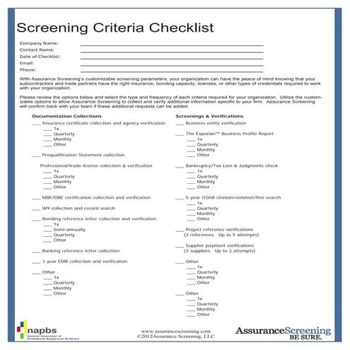 Assurance Screening - Screening Criteria Checklist | PDF