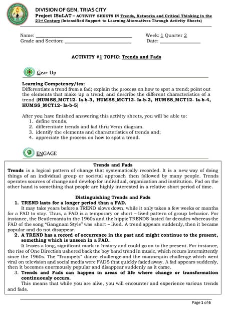 Grade 12 Module : TRENDS or FADS / TRENDSPOTTING (trends) | DOCX