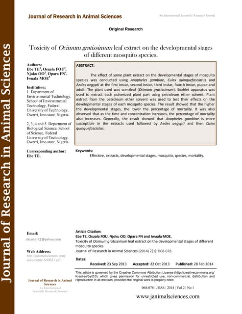 Mosquitocidal property of leaf extract of bougainvillea spectabilis ...