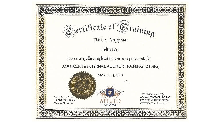 AS9100:2016 Internal Auditor Training Certificate #122