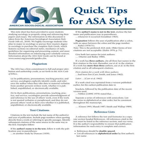 ASA - Quick Tips for ASA Style by American Sociological Association | PDF