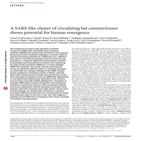 A SARS-like cluster of circulating bat coronaviruses shows potential ...