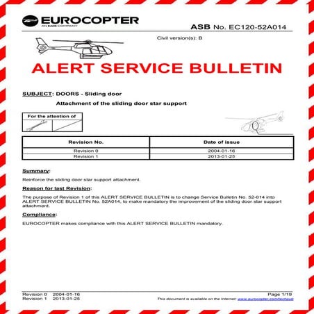 ASB Nº EC120-52A014 - Alert Service Bulltin - Subject - DOORS - Sliding ...