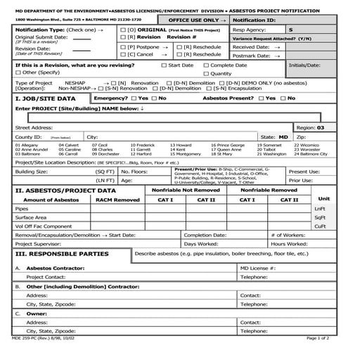 Asbestos project notification mde 259 | PDF