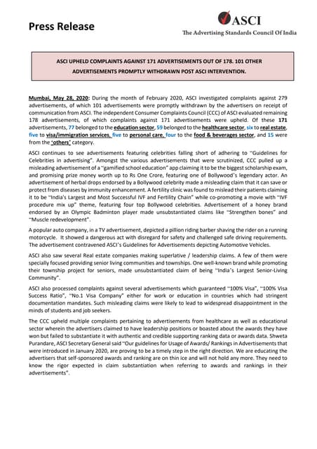 ASCI: Advertising Standard Council of India | PPT