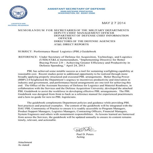 OSD ASD(LMR) Performance Based Logistics Guidebook_May_2014 | PDF