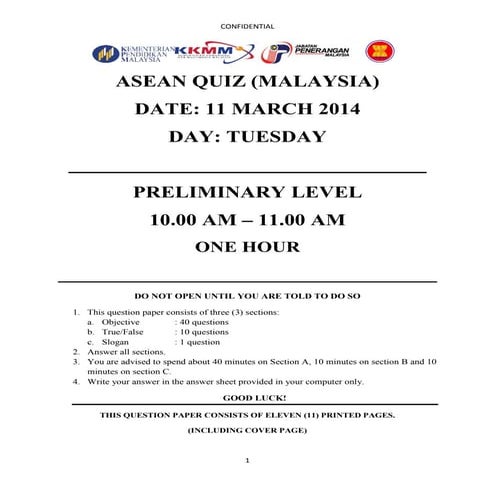 Asean quiz question preliminary 2014 | PDF