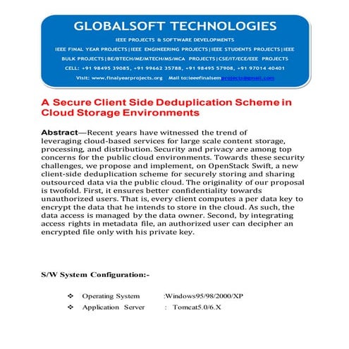 2014 Ieee Java Cloud Computing Project A Secure Client Side Deduplication Scheme In Cloud 