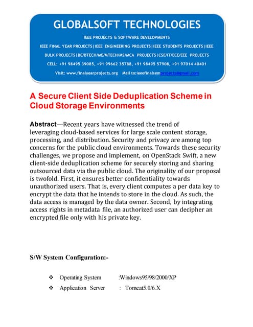 2014 Ieee Java Cloud Computing Project A Secure Client Side Deduplication Scheme In Cloud