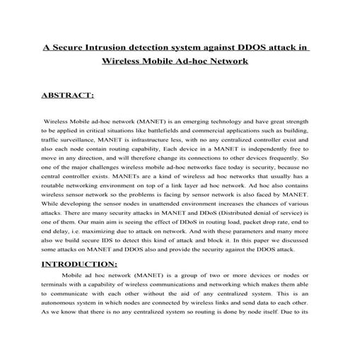 A Secure Intrusion Detection System Against Ddos Attack In Wireless