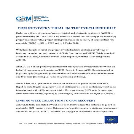 Critical Raw Materials - CRM Recovery Trial in the Czech Republic | PDF