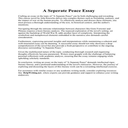 A Seperate Peace Essay. Separate Peace Essay by Jon Perry Teachers Pay ...