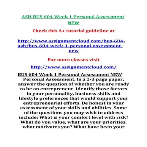 Ash bus-604-week-1-personal-assessment-new | PPT