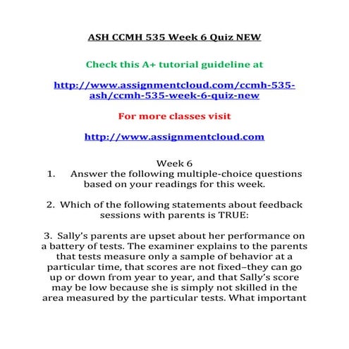 Ash ccmh 535 week 6 quiz new | DOC