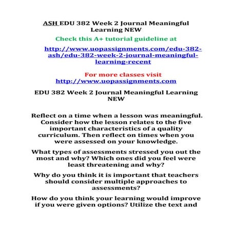 Ash edu 382 week 2 journal meaningful learning new | DOC | Educational Assessment | Education